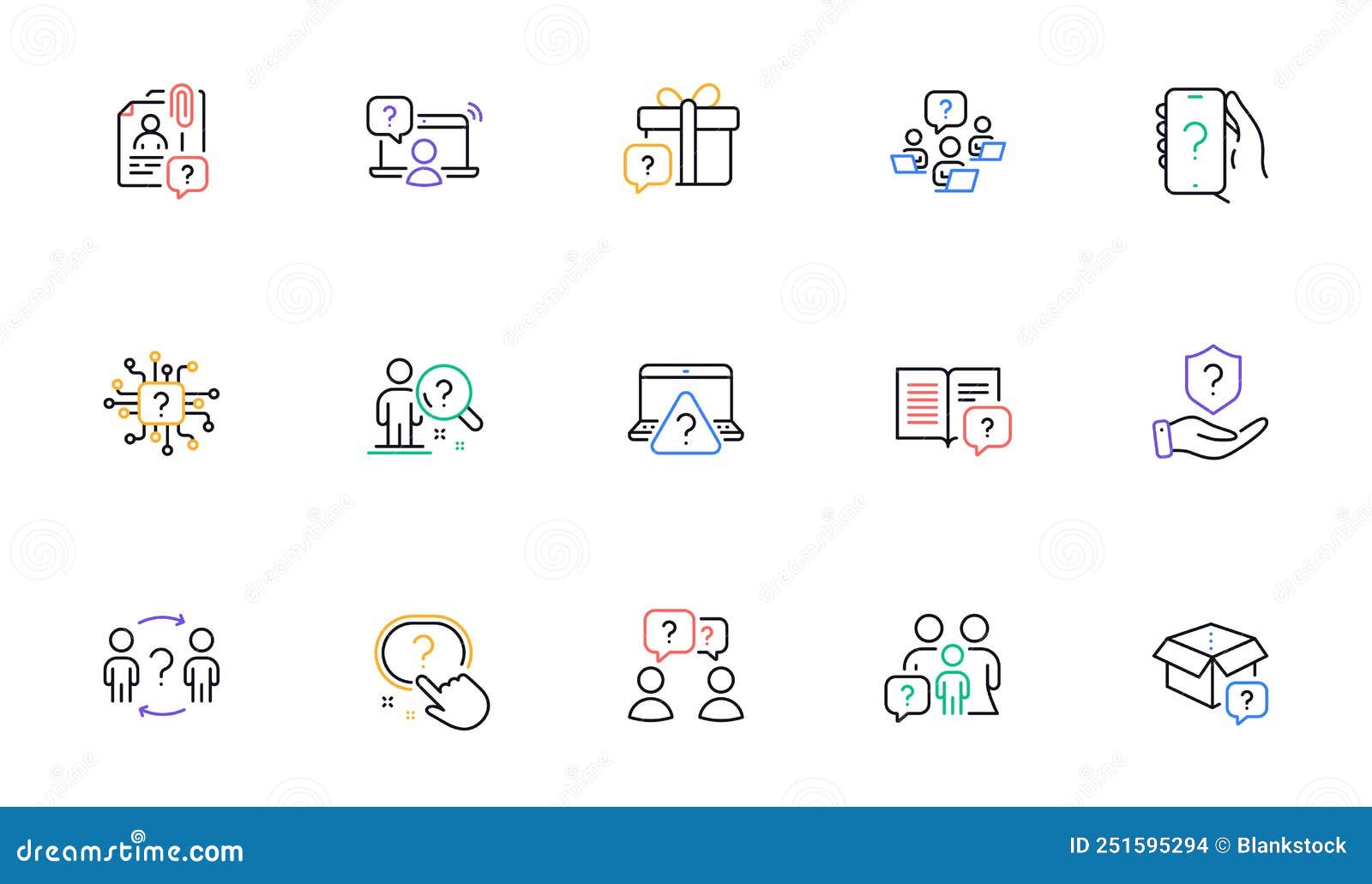 Questions Line Icons. Problem Solve, Artificial Intelligence Computer, Phone with Question Mark ...