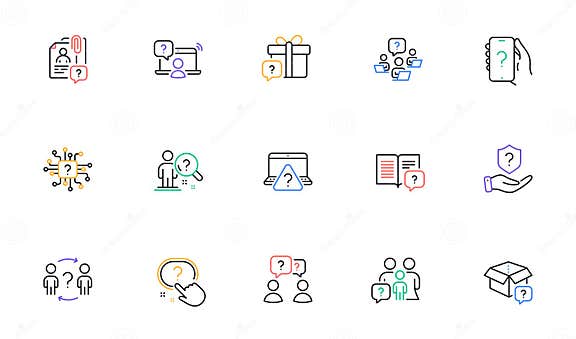 Questions Line Icons. Problem Solve, Artificial Intelligence Computer, Phone with Question Mark ...