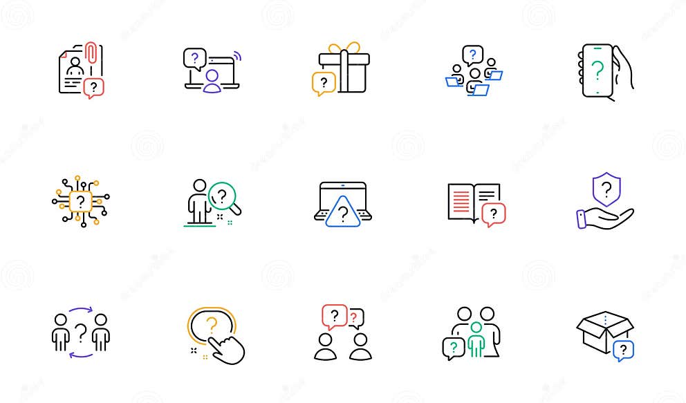 Questions Line Icons. Problem Solve, Artificial Intelligence Computer, Phone with Question Mark ...