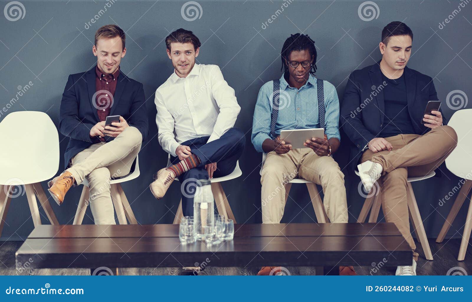 In the Queue and Connected. a Group of Businessmen Using Different ...