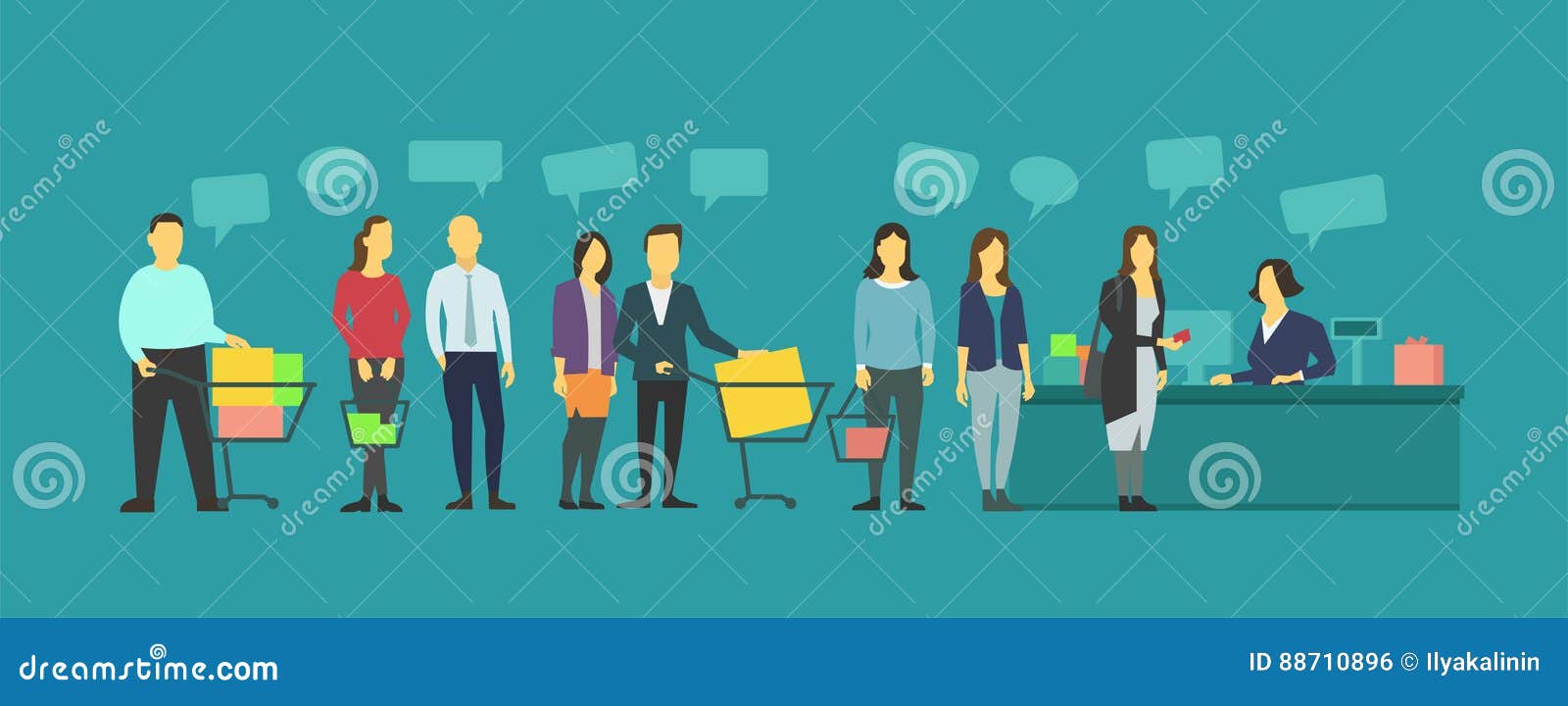 Queue Different People In Grocery Store. Crowd Staying In Line. Vector ...