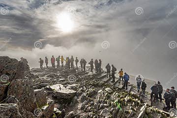 Queue of Hikers at the Summit of Snowdon Under a Cloudy Sky Editorial ...