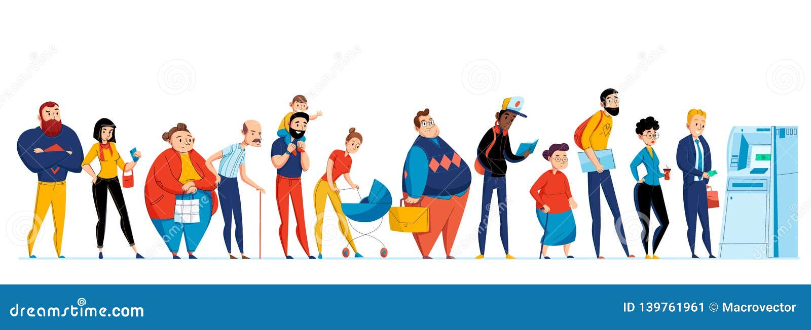 Queue, People In Line, Vector Illustration. Man Woman Character Stand ...