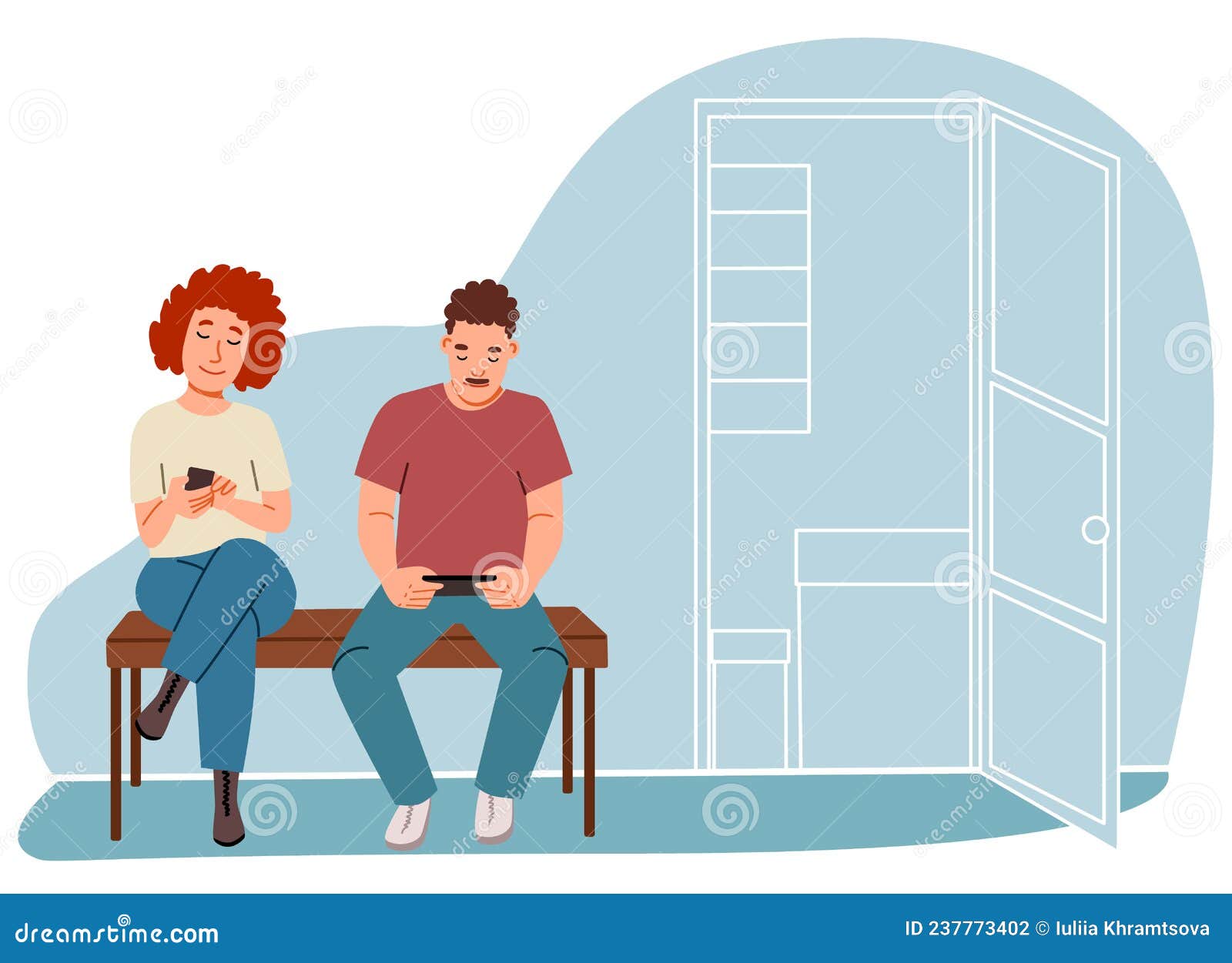 Queue. People are Sitting in Line on a Bench in the Office Stock Vector ...