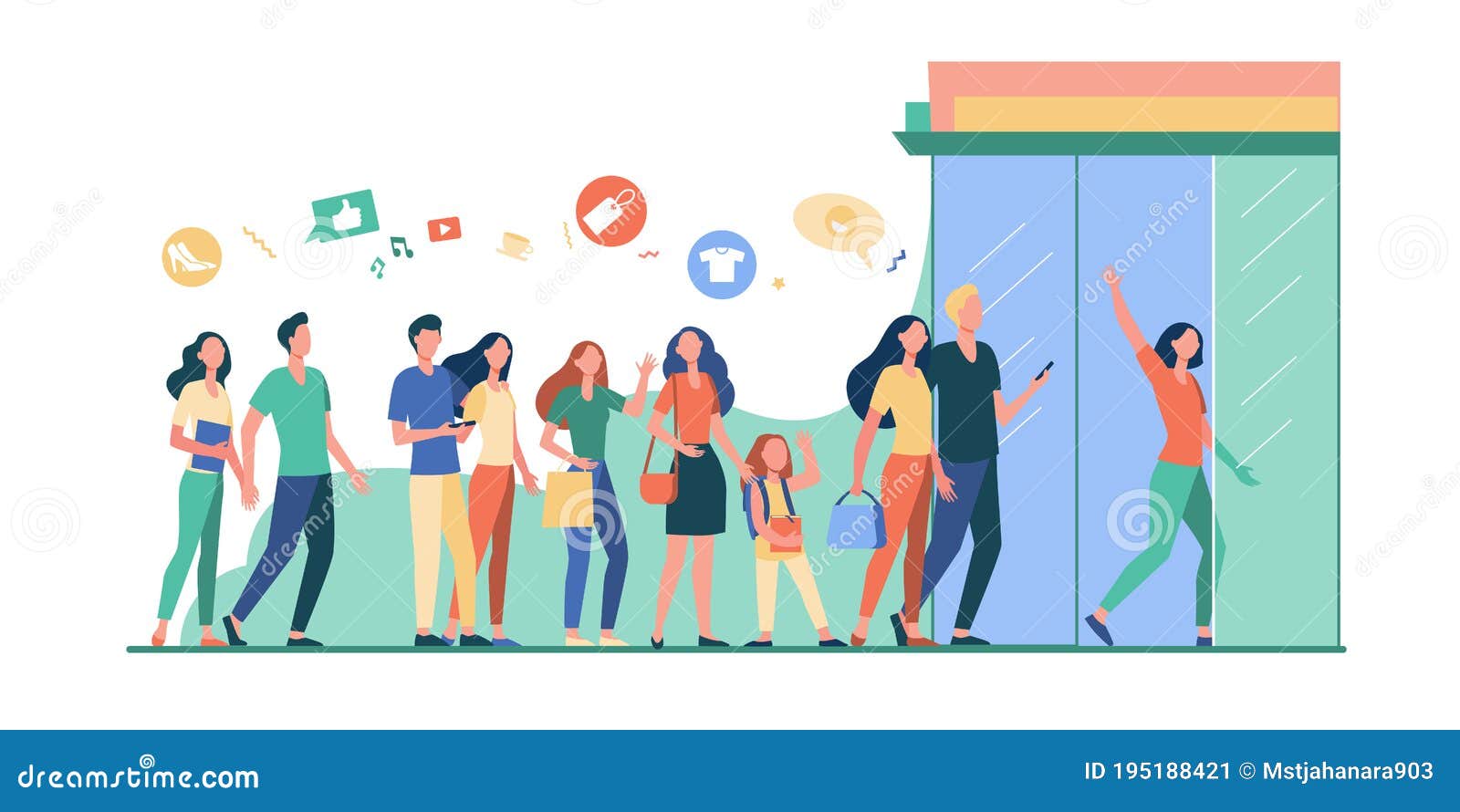 Queue In Shop. Supermarket Store With Customers In Long Line To Cashier ... Queue In Shop. Supermarket Store With Customers In Long Line To Cashier ...