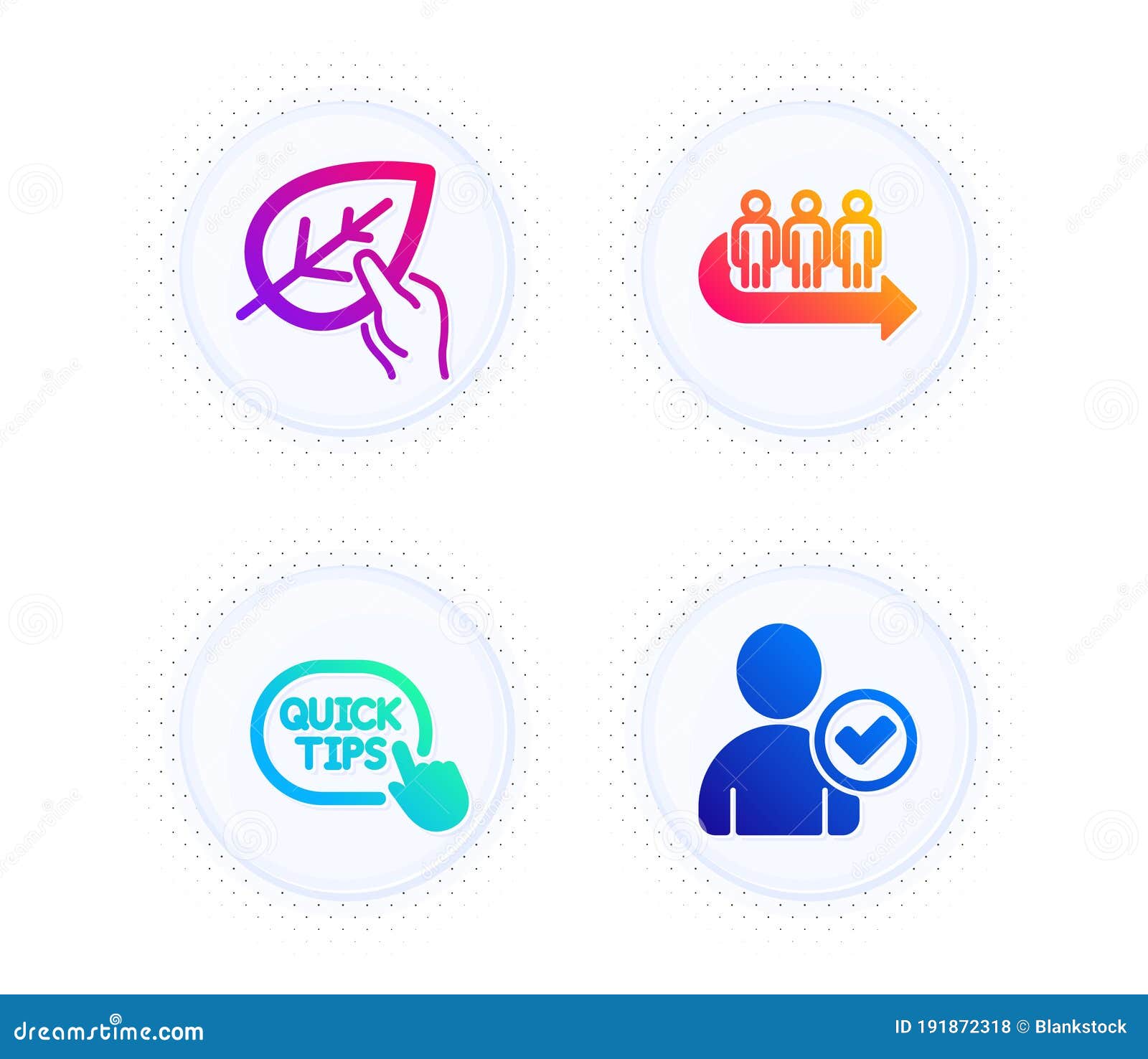 Queue, Quick Tips and Organic Tested Icons Set. Identity Confirmed Sign ...