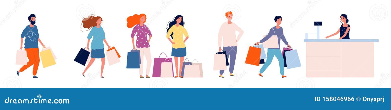 Queue Store. Shopping People with Products Standing at Counter Shopper ...