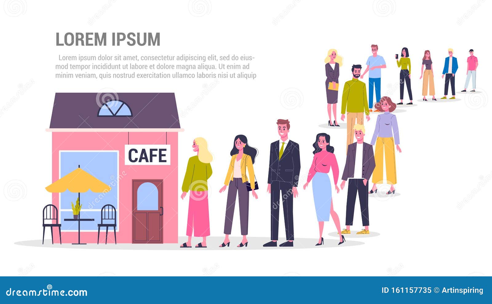 Queue To The Cafe. People Standing And Waiting In Line. Crowd Cartoon ... Queue To The Cafe. People Standing And Waiting In Line. Crowd Cartoon ...