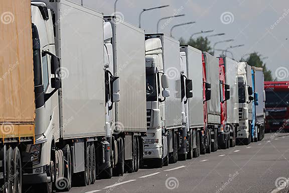 A Queue of Trucks Near the State Border. Stock Photo - Image of polish, highway: 261445948