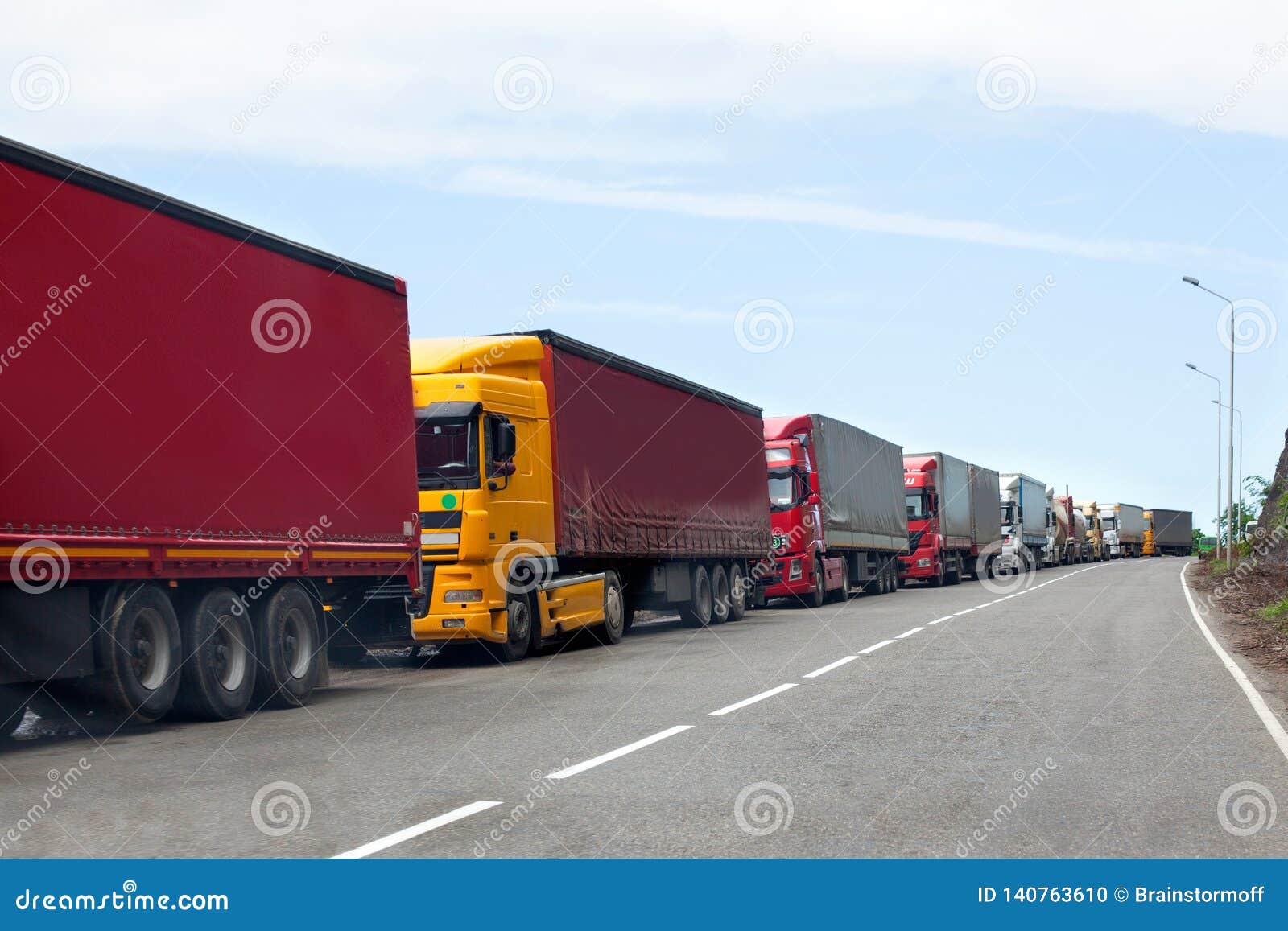 Queue of Trucks Passing the International Border, Red and Different ...