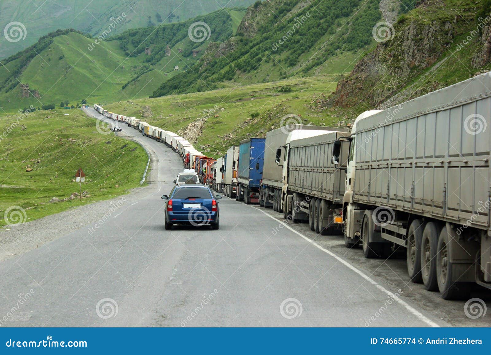 The Queue Of Trucks Standing On The Road. Top View Of The Trucks. Stock ...