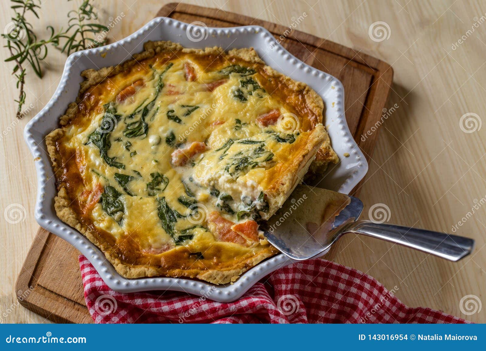 Quiche with Salmon, Spinach and Cream Cheese Sauce Stock Photo - Image ...
