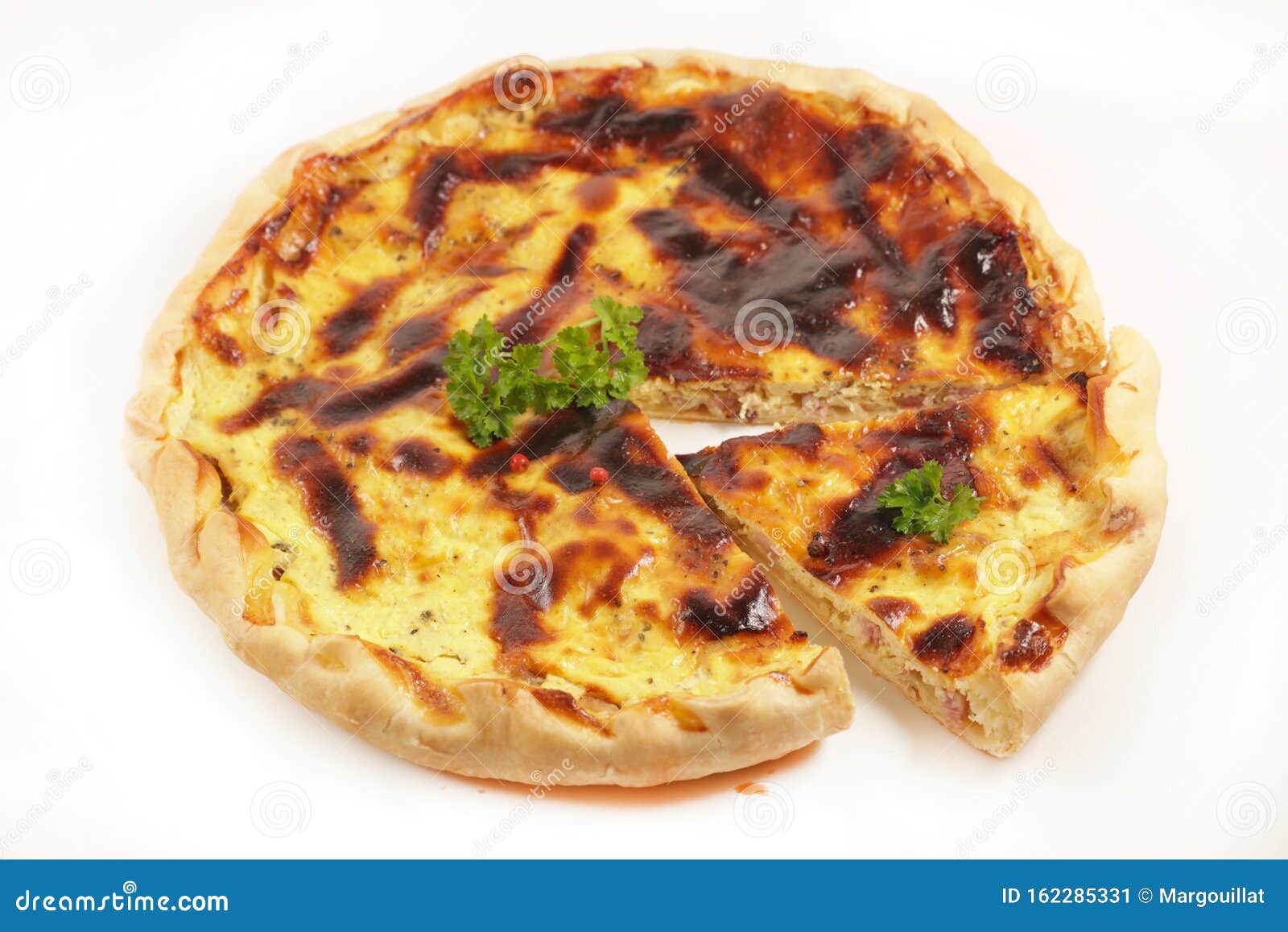 Quiche and slice isolated stock image. Image of food - 162285331