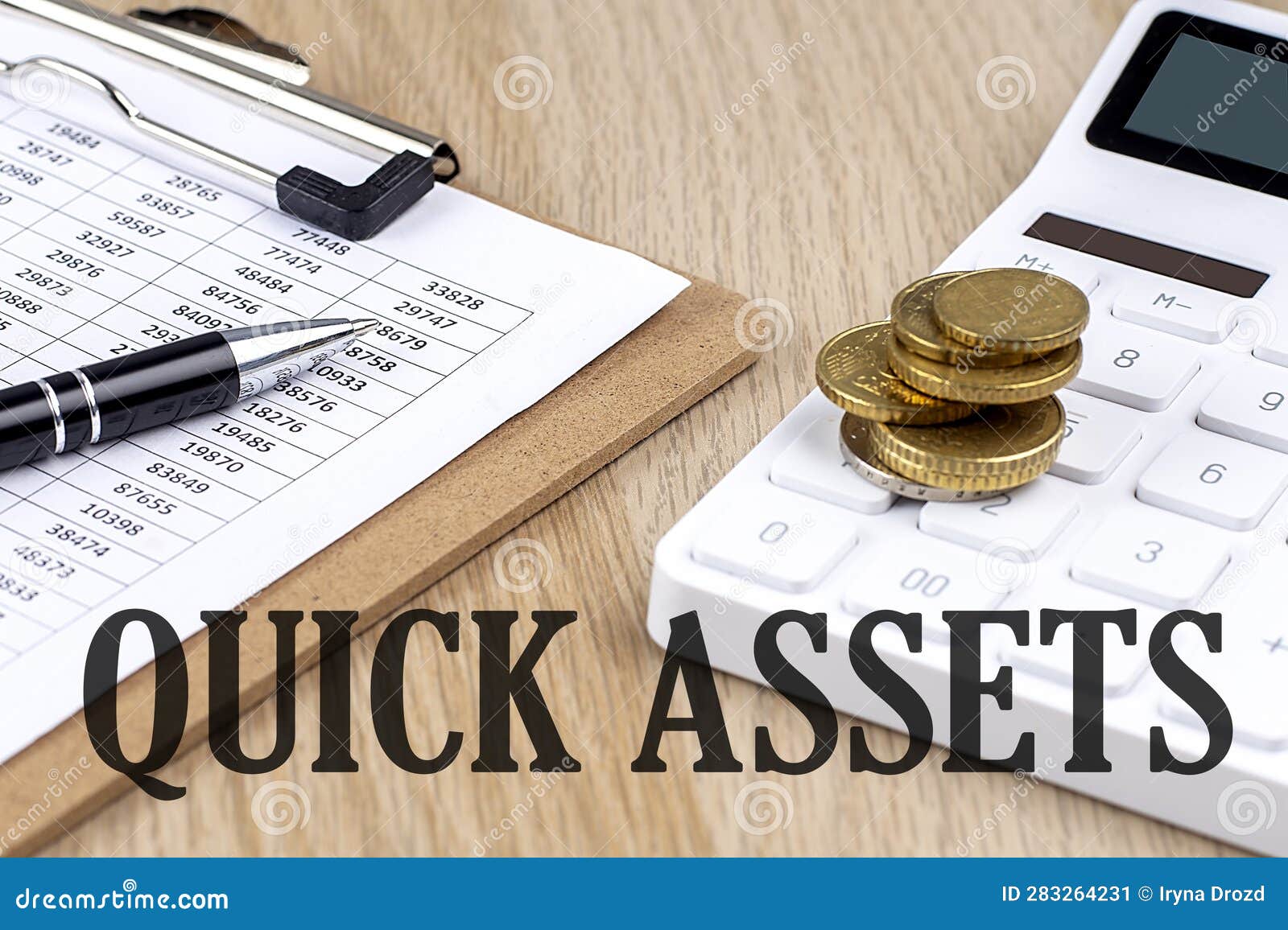 QUICK ASSETS Text with Chart and Calculator and Coins , Business ...