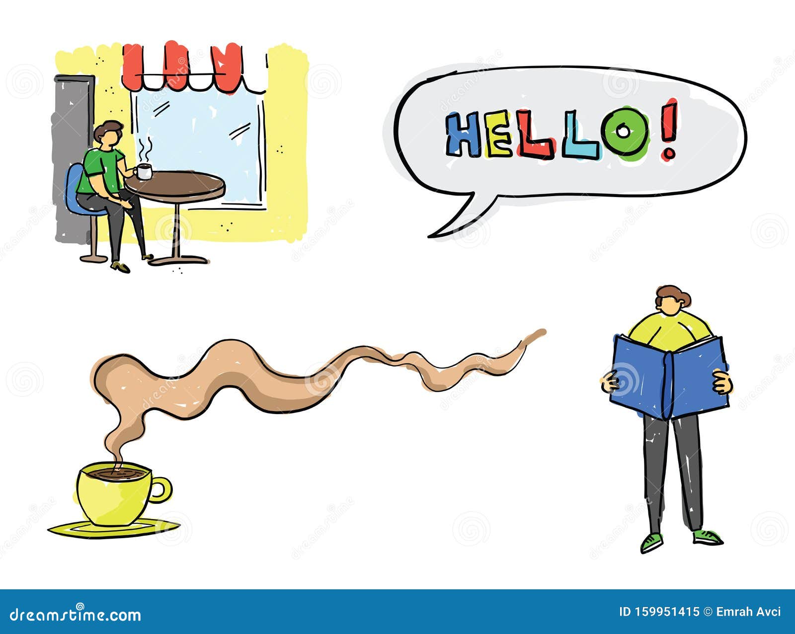 Quick Hand Drawing Man and Object Set. Man Sitting on Cafe and Drinking ...