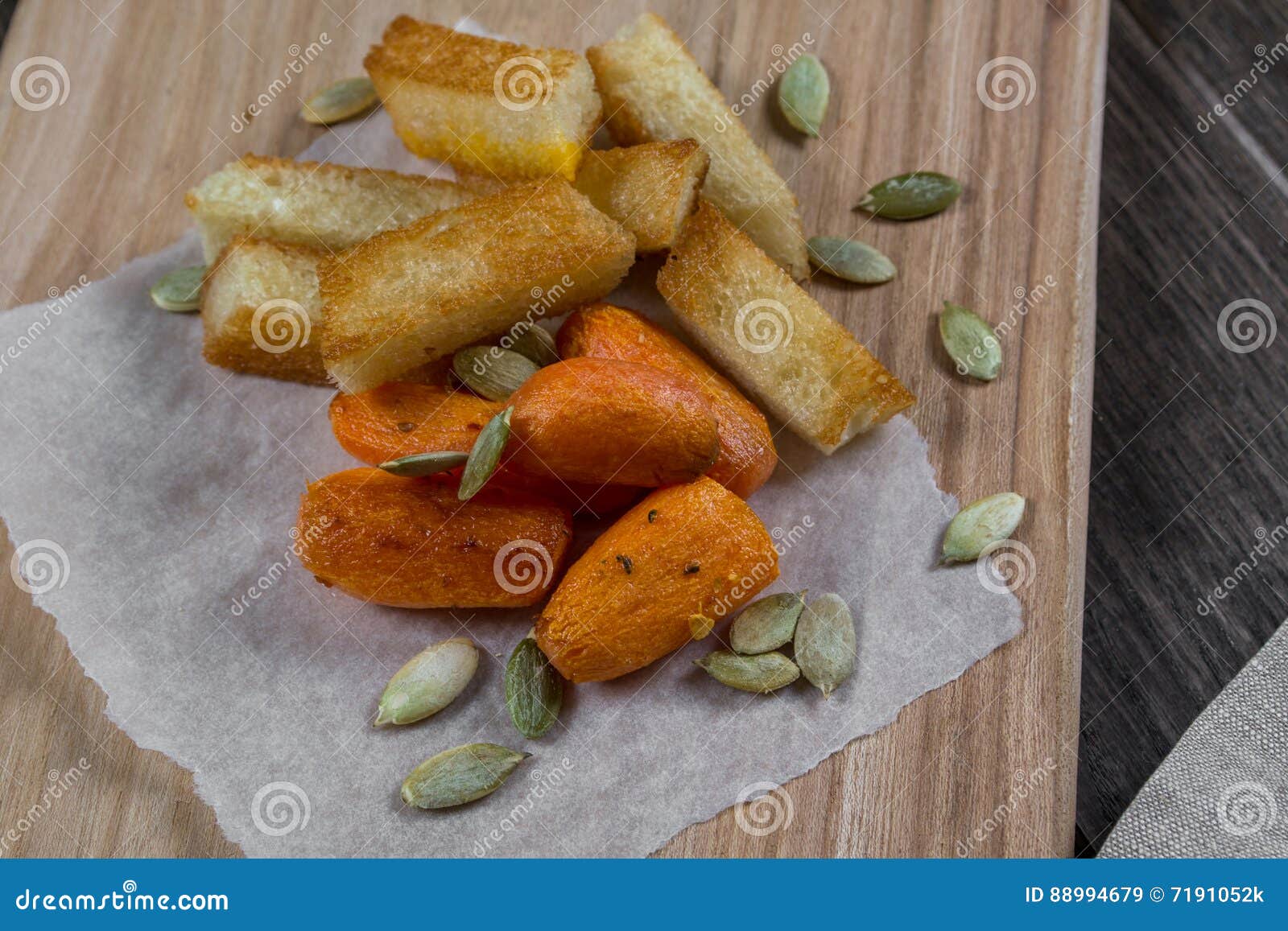 Quick Light Snack. Croutons and Baked Carrots. Stock Image - Image of ...