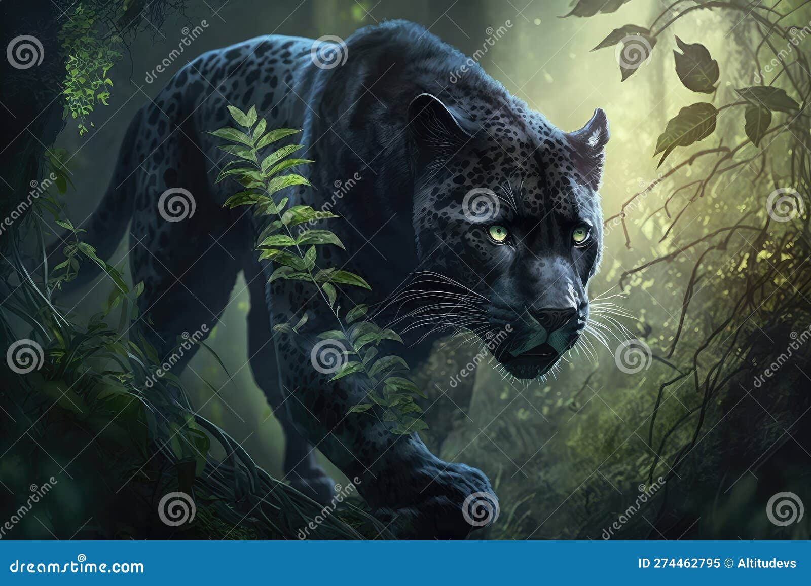 Quick-moving Panther on the Prowl in Dense Forest Stock Illustration ...