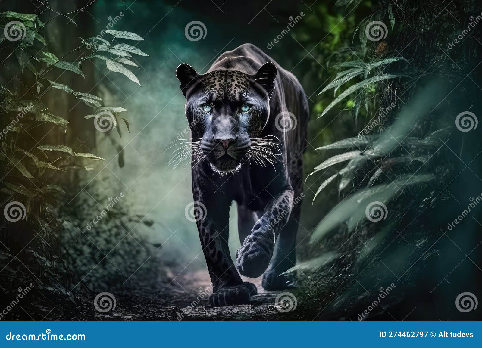 Quick-moving Panther on the Prowl in Dense Forest Stock Illustration ...