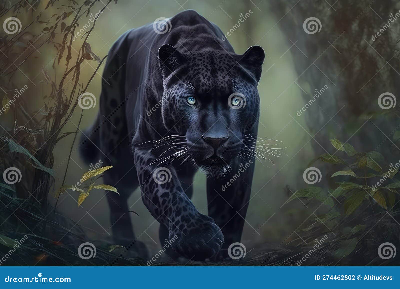 Quick-moving Panther on the Prowl in Dense Forest Stock Illustration ...