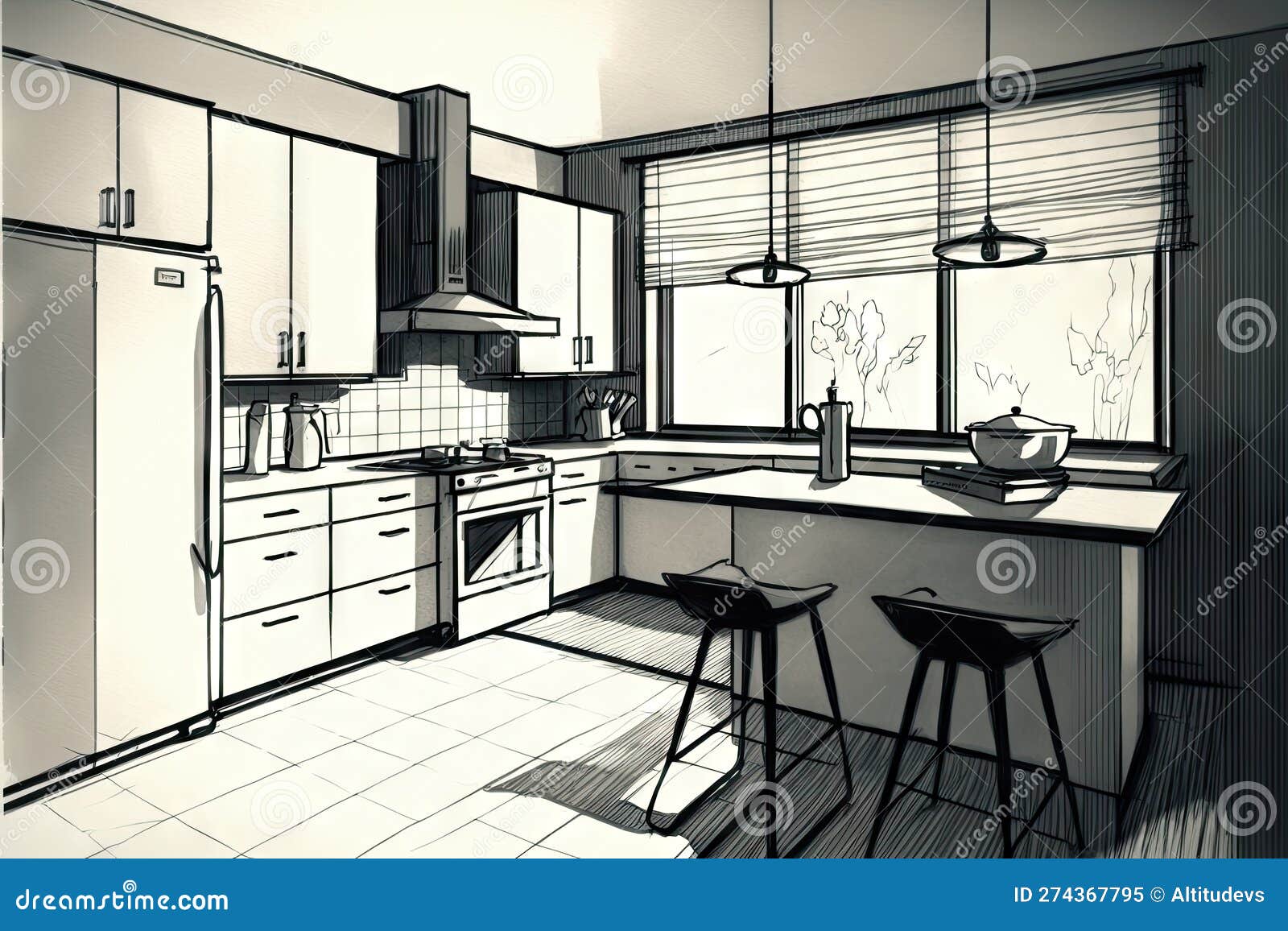 Quick Sketch of a Simple, Modern Kitchen with Sleek Design and Clean ...