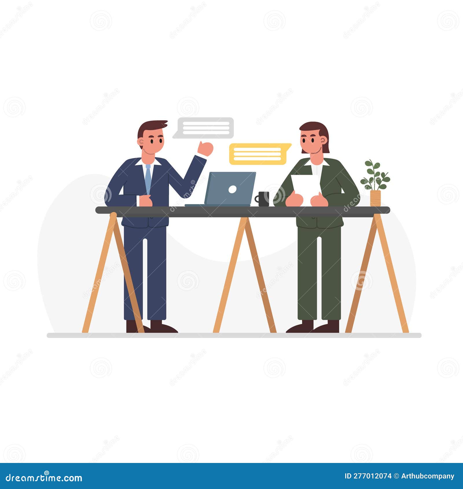 Quick Standing Interview. Vector Characters Have Dialogue at High Table ...