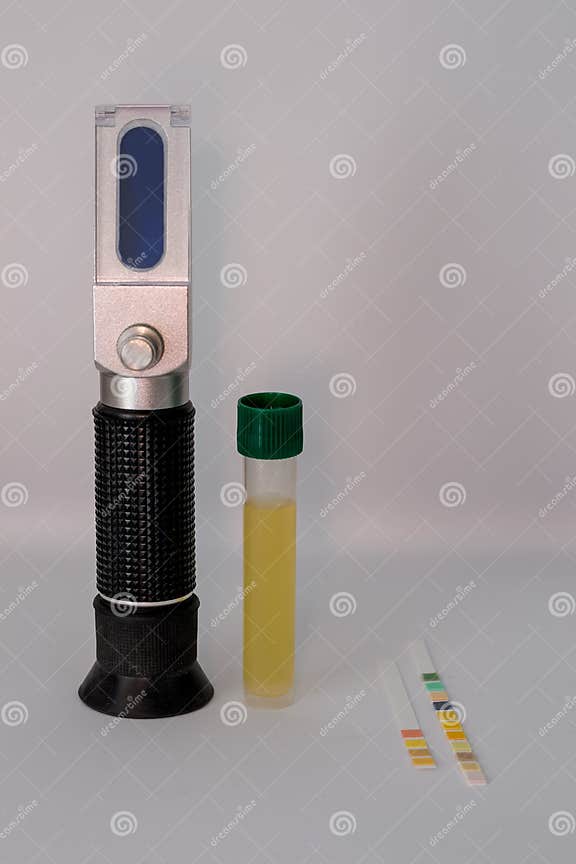 Urine Sample, Refractometer and Urinary Strips Stock Image - Image of ...