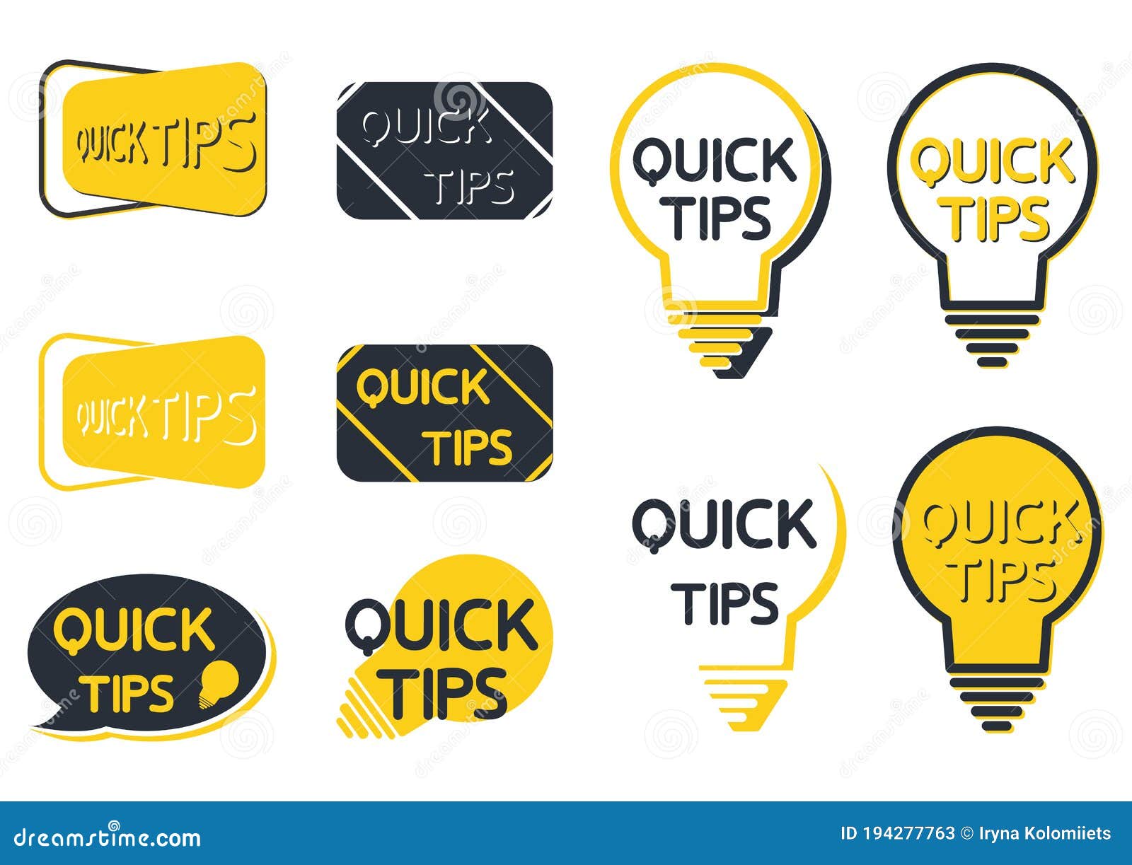 Quick Tip Icon Set. Yellow Lightbulb Icons with Quick Tips Text Inside ... Quick Tip Icon Set. Yellow Lightbulb Icons with Quick Tips Text Inside ...