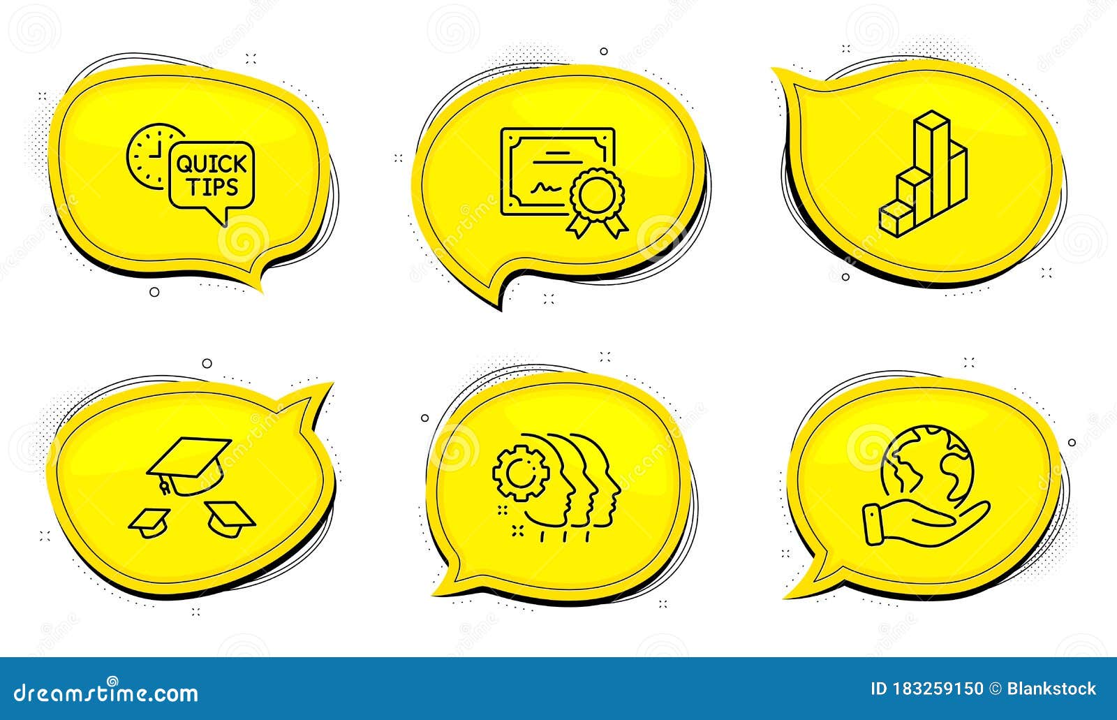 Quick Tips, 3d Chart and Employees Teamwork Icons Set. Throw Hats Sign ...