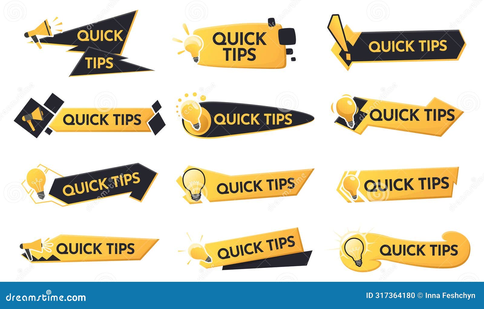 Quick Tips Icon or Symbol Set with Black and Yellow Color. Lightbulb ...