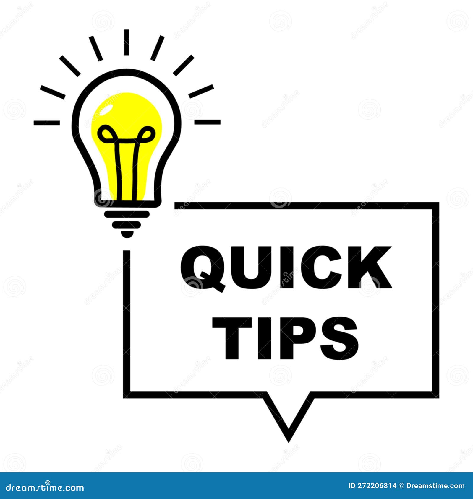 Quick Tips Letterings Speech Bubbles and Light Bulb with Sparkle Rays ...