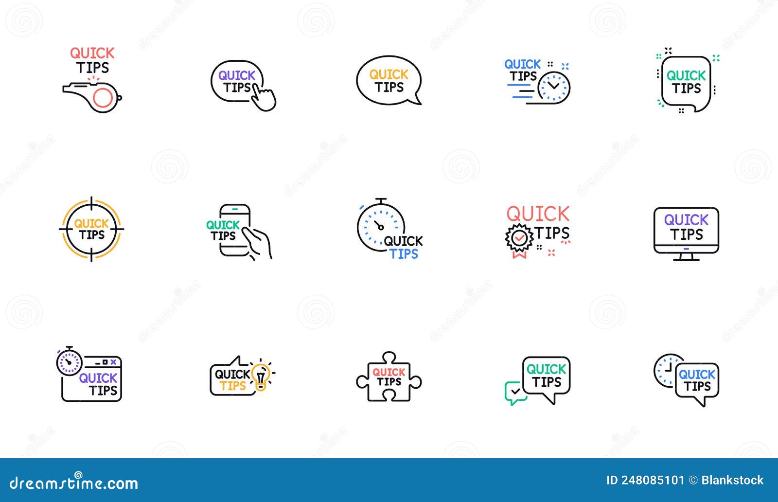 Quick Tips Line Icons. Helpful Tricks, Solution and Quickstart Guide. Linear Icon Set. Vector ...
