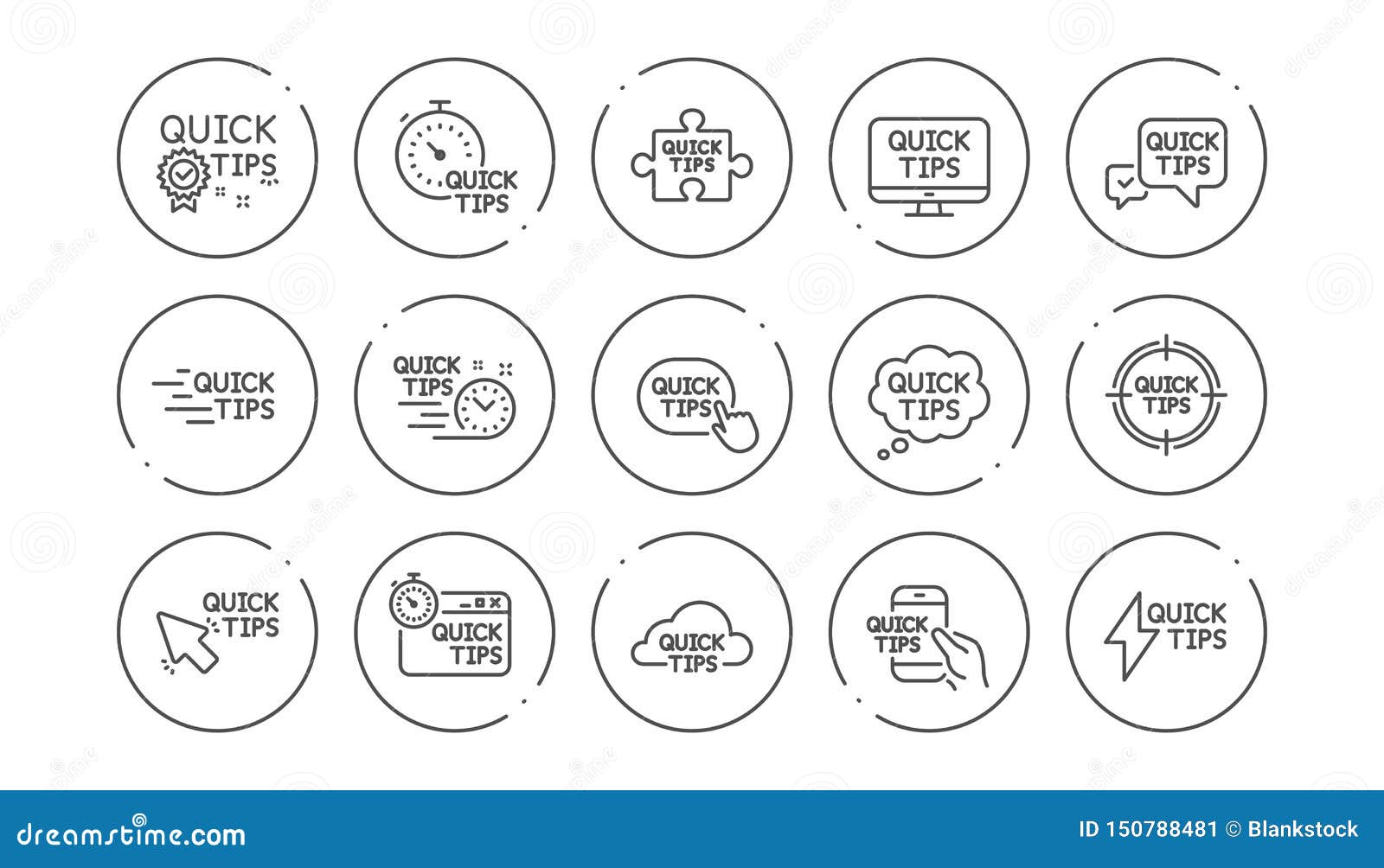 Quick Tips Line Icons. Helpful Tricks, Solution and Quickstart Guide. Linear Icon Set. Vector ...
