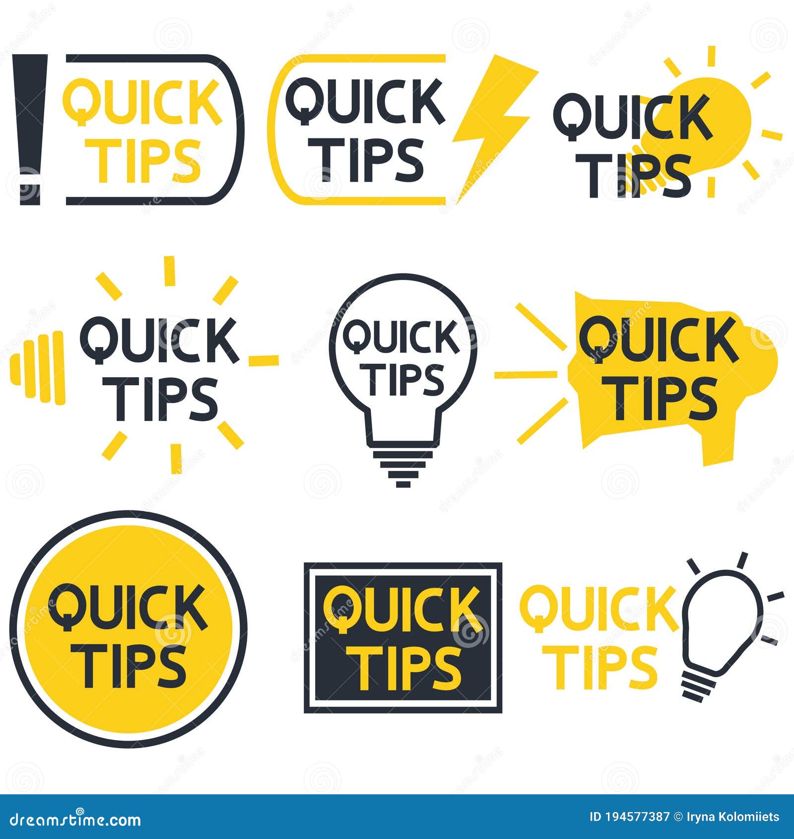 Quick Tips. Yellow and Black Color Icon with Quicks Tip Text. Helpful ...