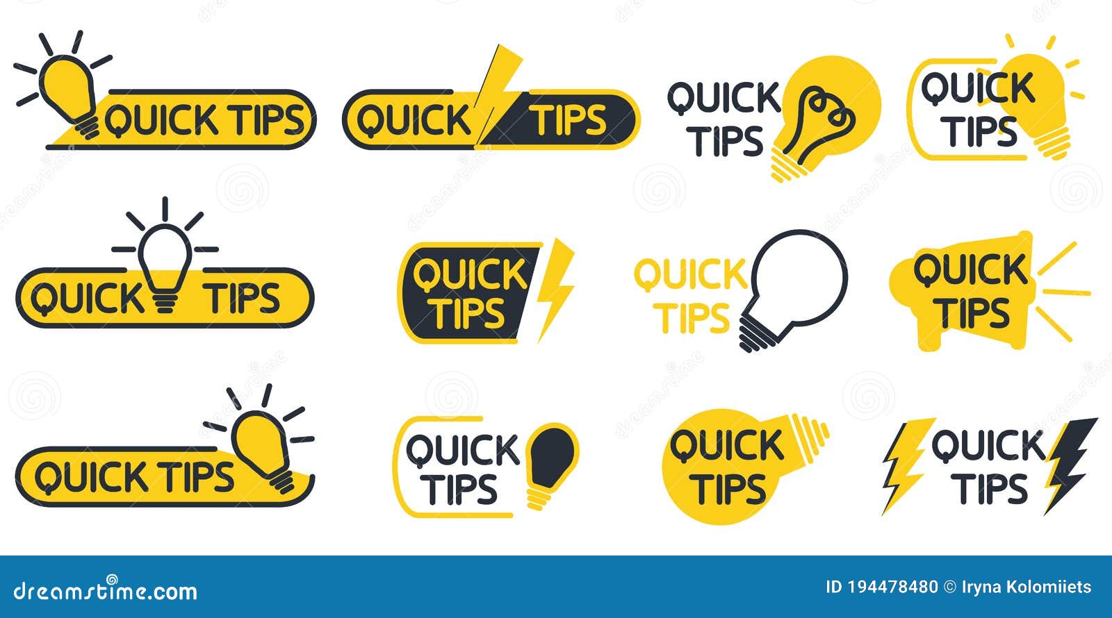 Quick Tips. Yellow Lightbulb Icon with Quicks Tip Text. Helpful Idea ...