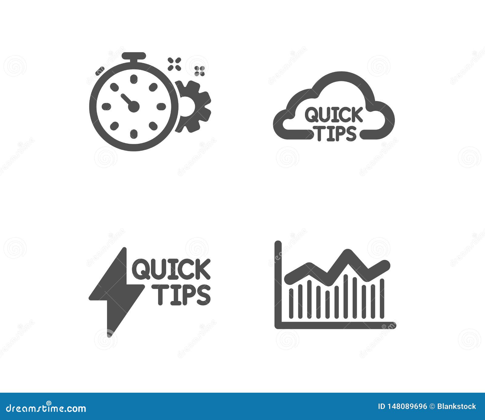 Quickstart Guide, Cogwheel Timer and Quick Tips Icons. Money Diagram ...
