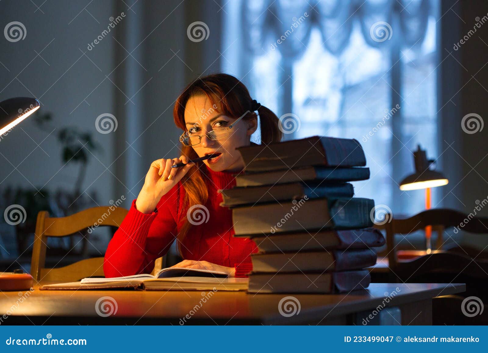 Quiet Calm Atmosphere in the Library Dim Light Personal Lamp Stock ...