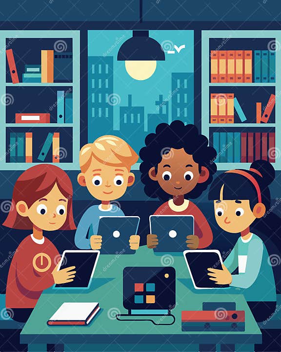 In a Quiet Corner of the Library a Group of Children Work Together on ...