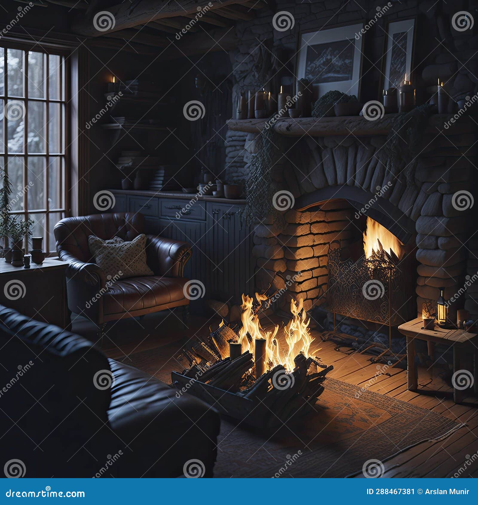 A Quiet Evening in a Cozy Living Room, with a Crackling Fire in the ...