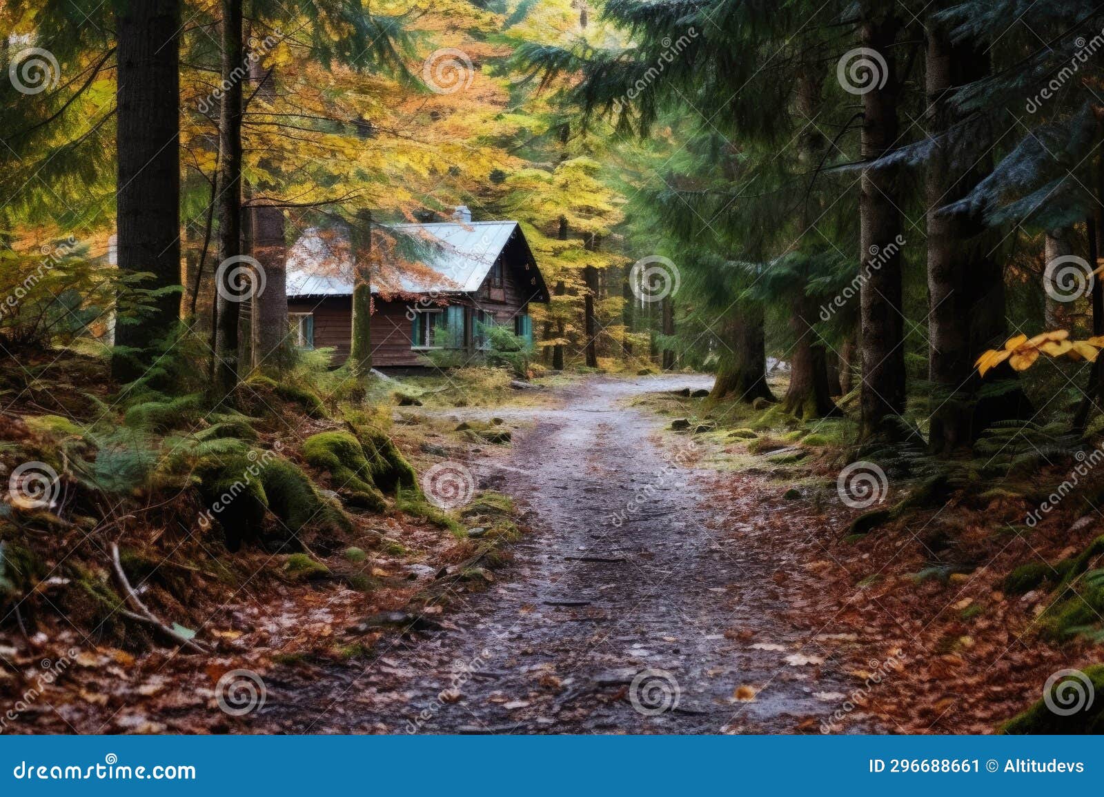 Quiet Forest Path Leading To a Cosy Cabin Stock Illustration ...