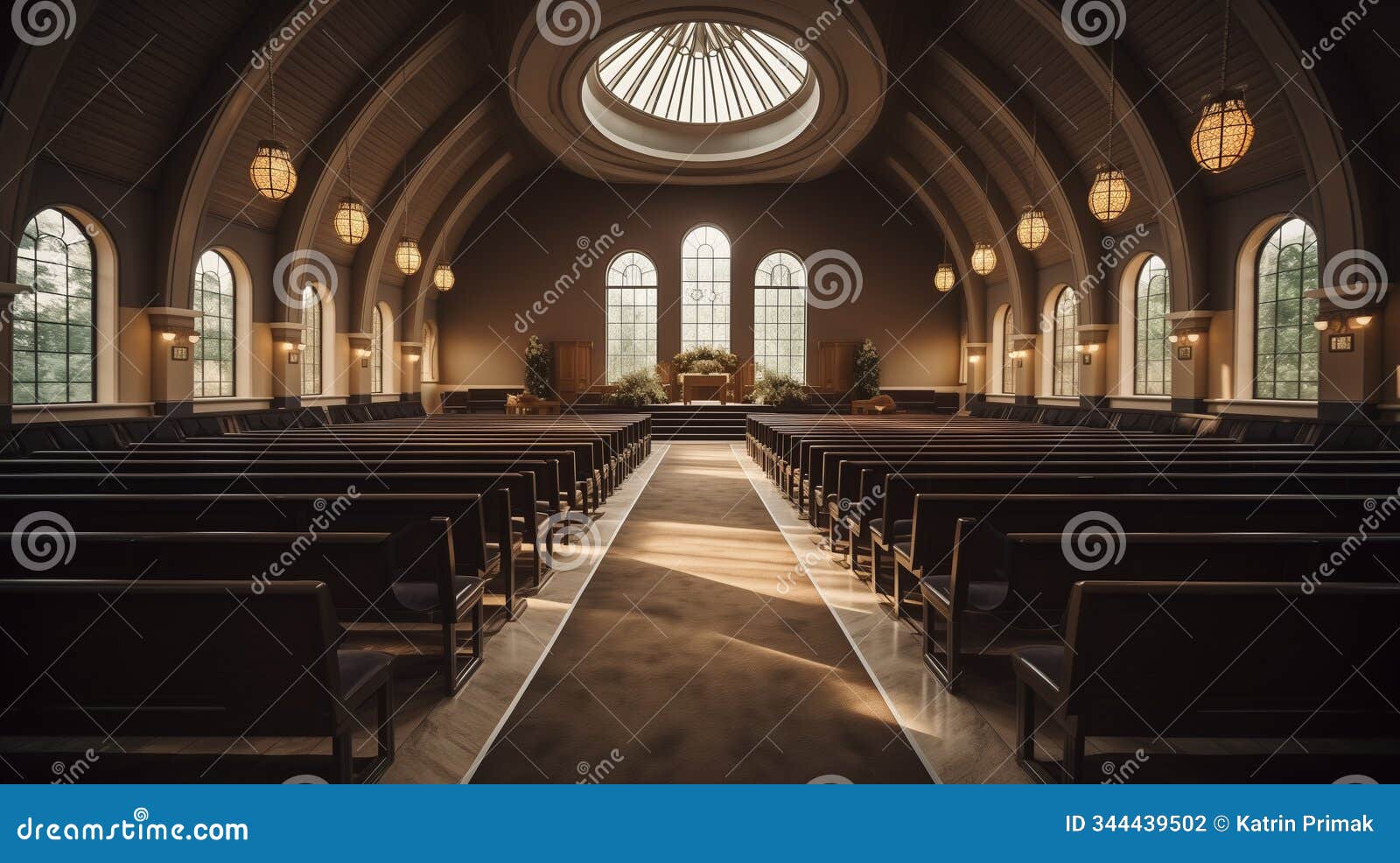 Quiet Funeral Hall with Rows of Seats and an Altar, with Space for Text ...