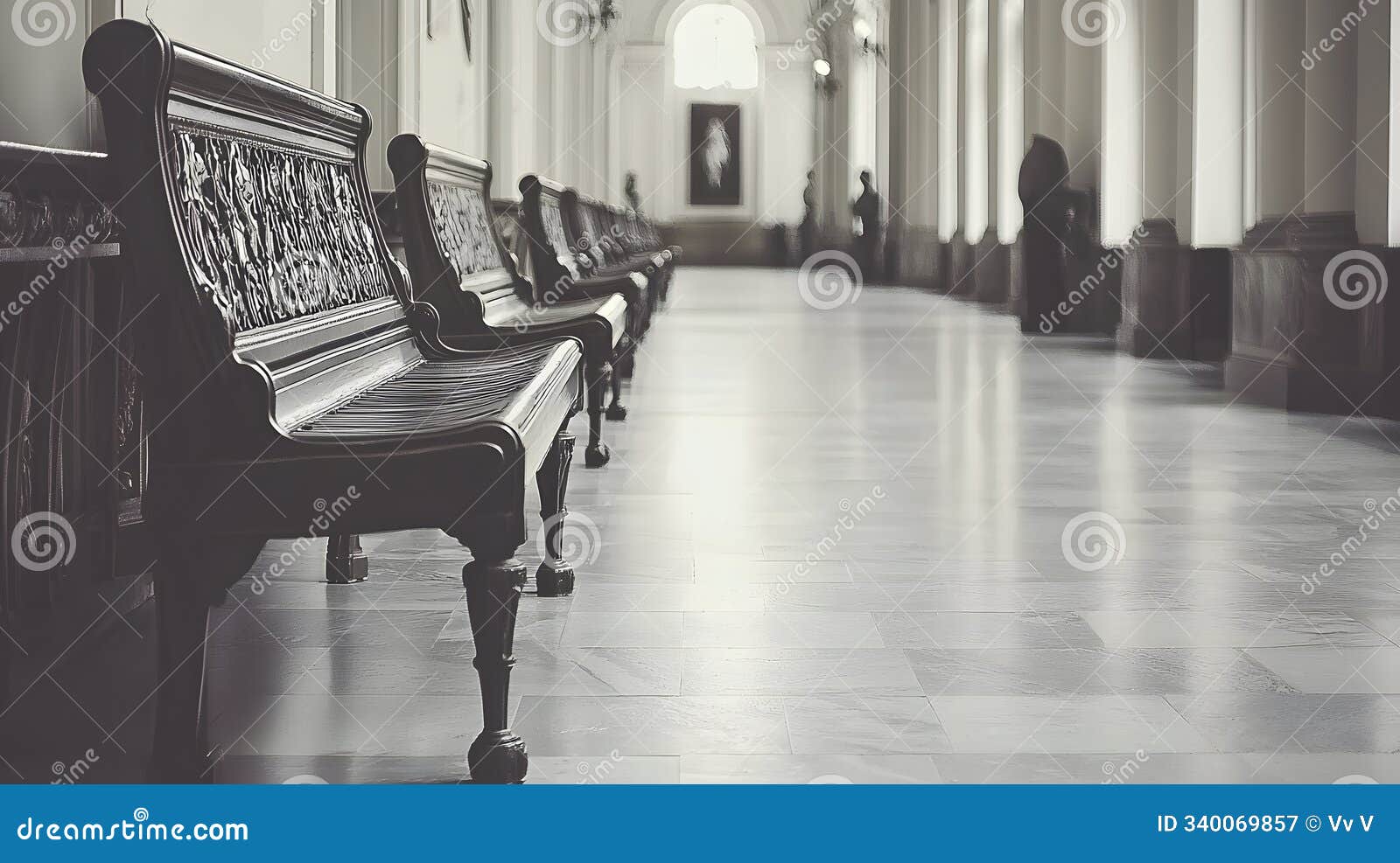 A Quiet Hallway with Elegant Benches Stock Illustration - Illustration ...