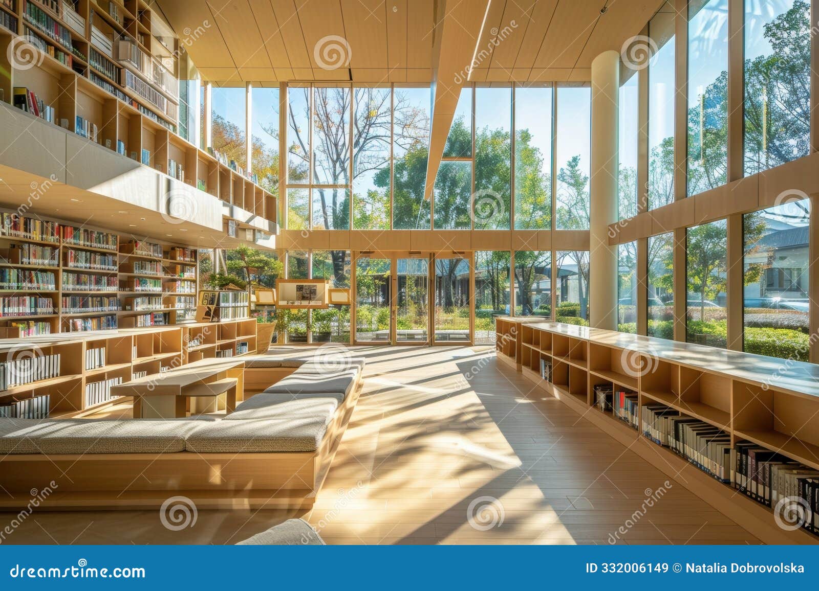 Quiet Library Interior with a Reading Area, Surrounded by Bookshelves ...