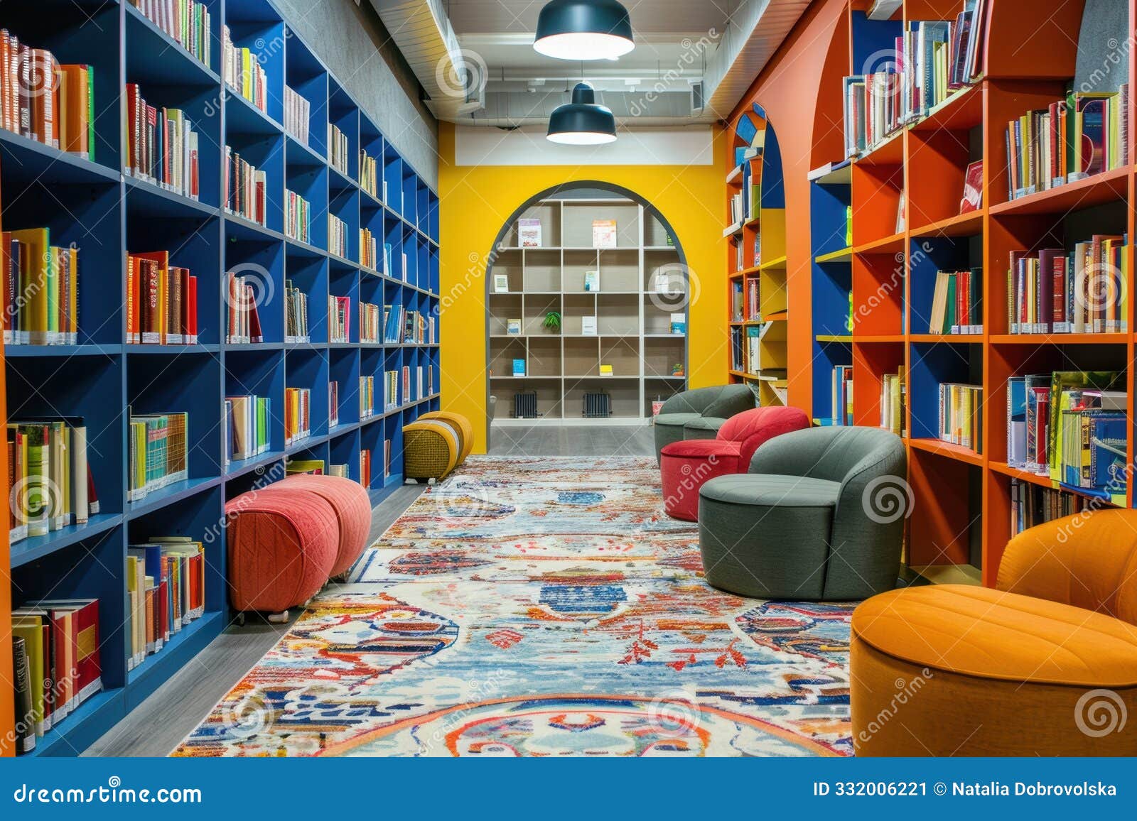 Quiet Library Interior with a Reading Area, Surrounded by Bookshelves ...