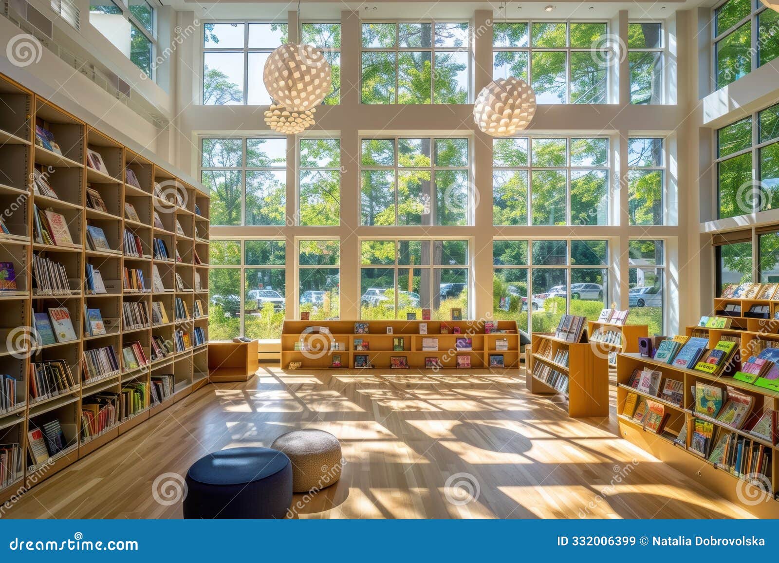 Quiet Library Interior with a Reading Area, Surrounded by Bookshelves ...