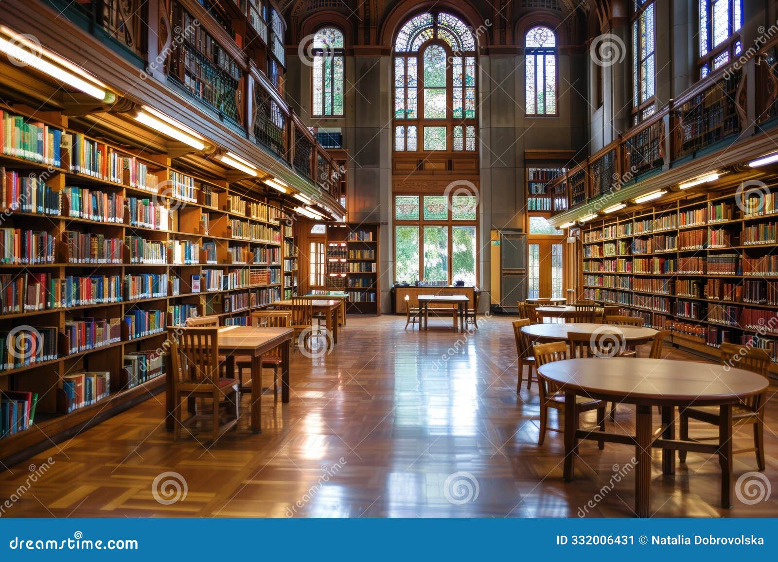 Quiet Library Interior with a Reading Area, Surrounded by Bookshelves ...