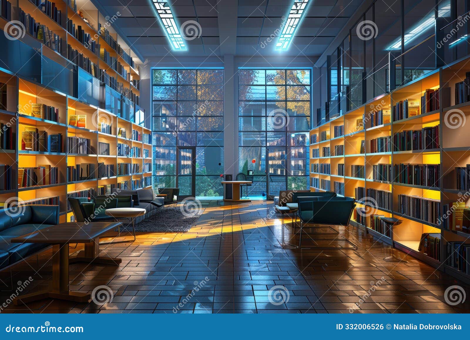 Quiet Library Interior with a Reading Area, Surrounded by Bookshelves ...