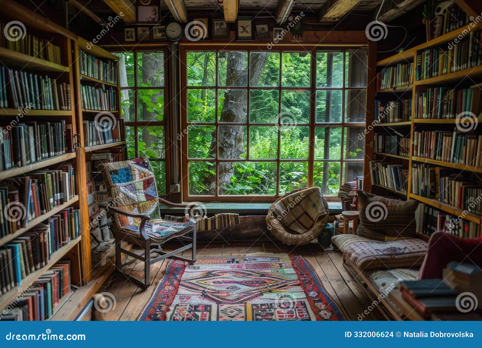 Quiet Library Interior with a Reading Area, Surrounded by Bookshelves ...