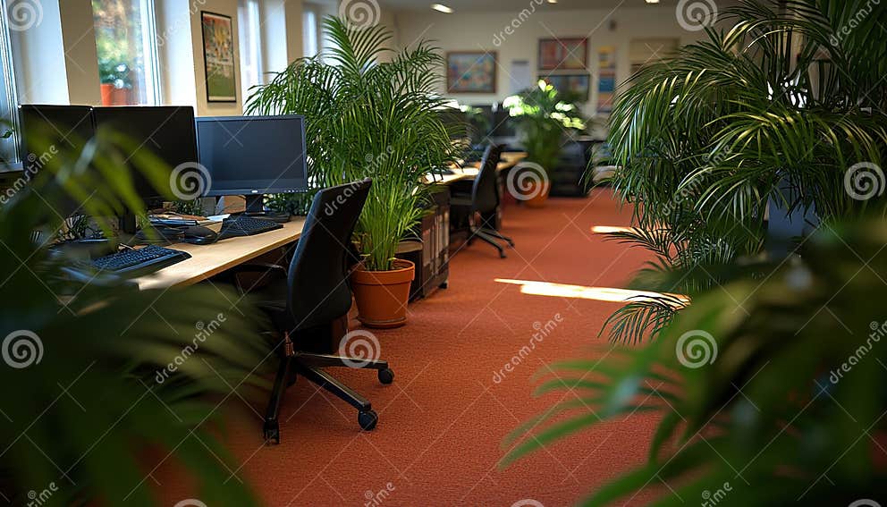 A Quiet Office Interior Featuring Plants and Workstations in Soft Focus ...