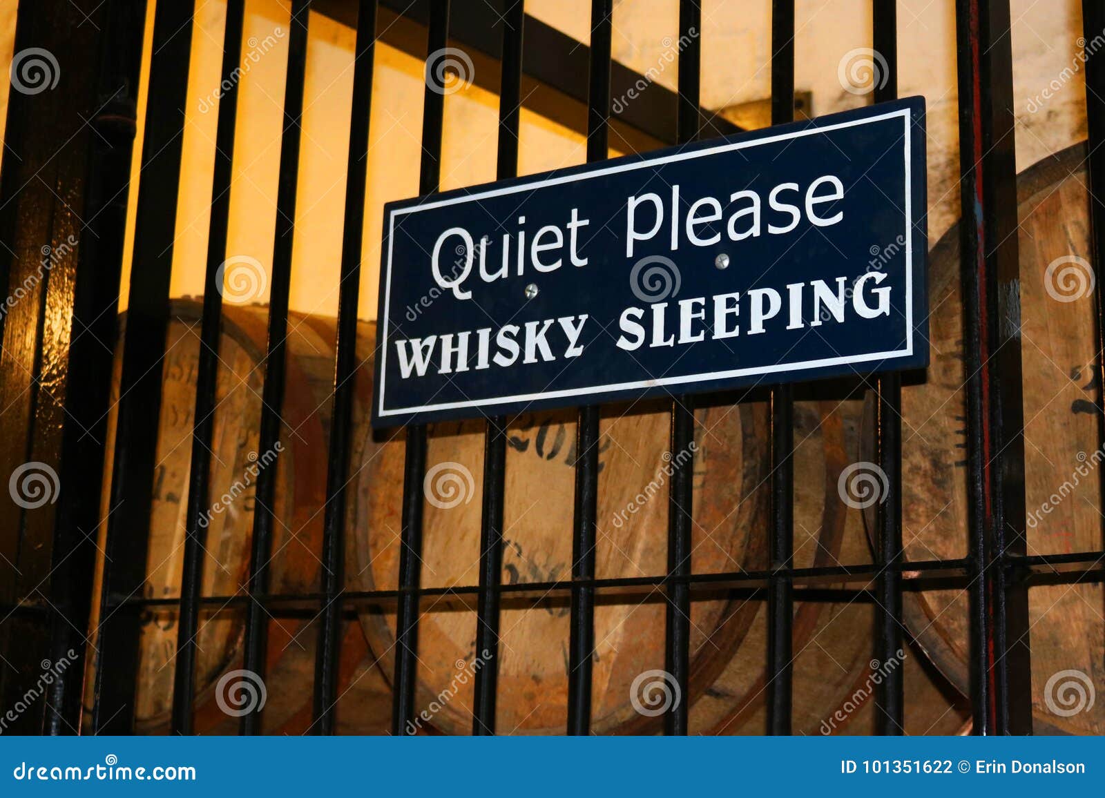 Quiet Please Whiskey Sleeping Sign with Barrels of Whiskey Stock Photo ...