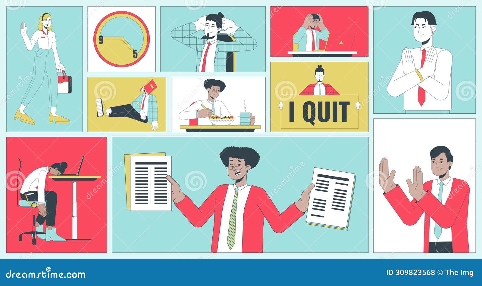 Quiet Quitting Trend at Workplace Bento Grid Illustration Set Stock ...